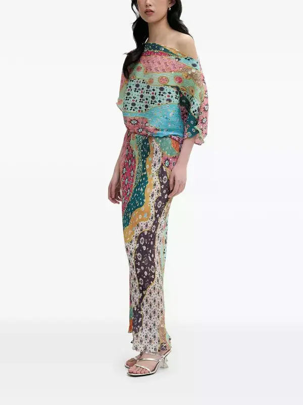 NEVER FULLY DRESSED Plissé Patchwork-print Midi Dress