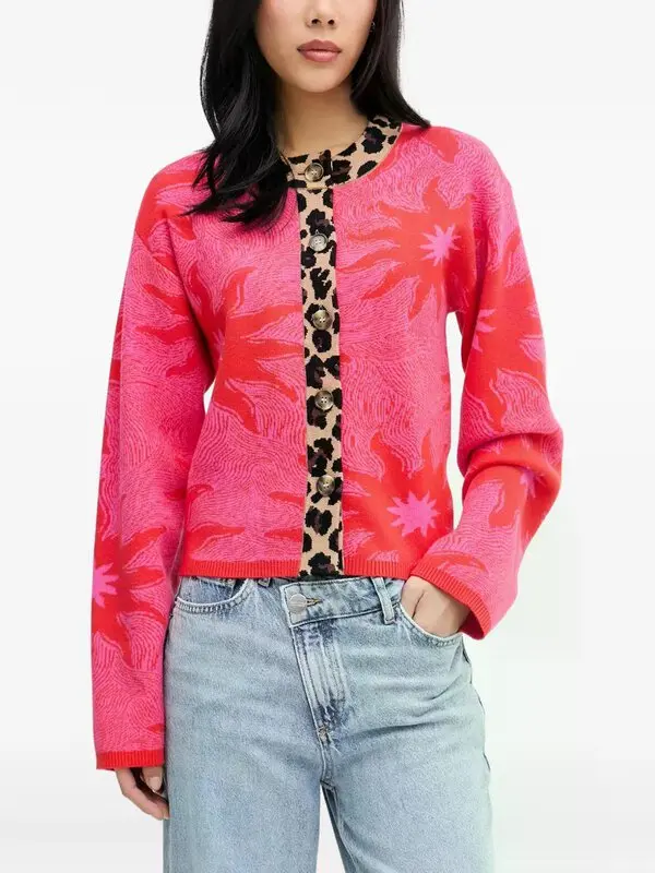 NEVER FULLY DRESSED Floral Intarsia Cardigan With Leopard Trim