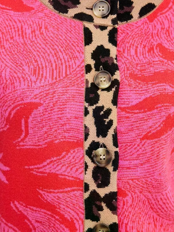 NEVER FULLY DRESSED Floral Intarsia Cardigan With Leopard Trim