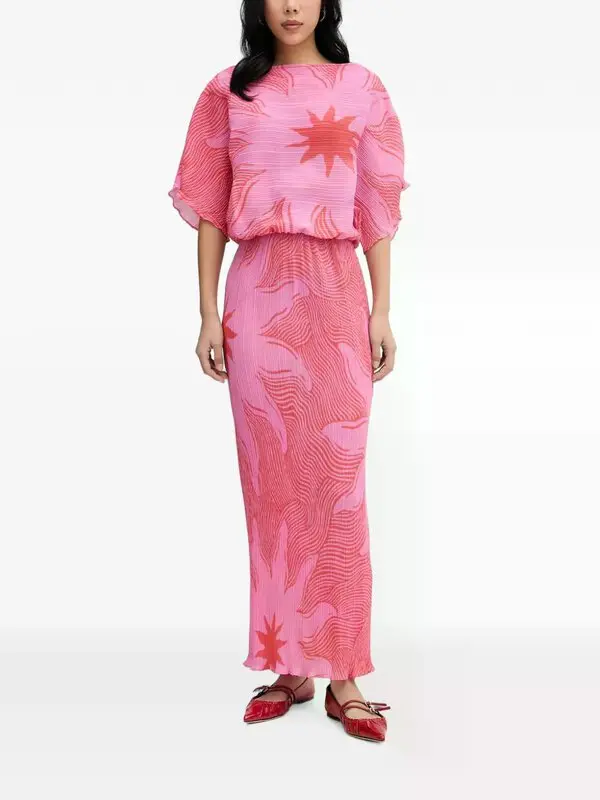 NEVER FULLY DRESSED Sun Print Plissé Effect Midi Dress - Pink