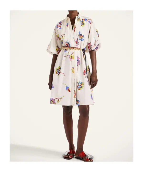 La DoubleJ Sunburst Floral-print Puff-sleeve Mini Dress