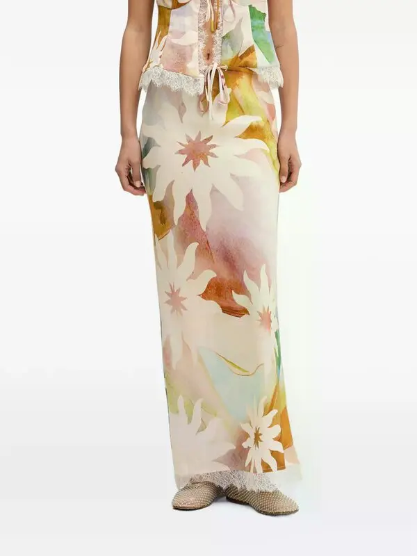 NEVER FULLY DRESSED Abstract Soleil Mabel Floral-print Lace-trim Skirt - Neutrals