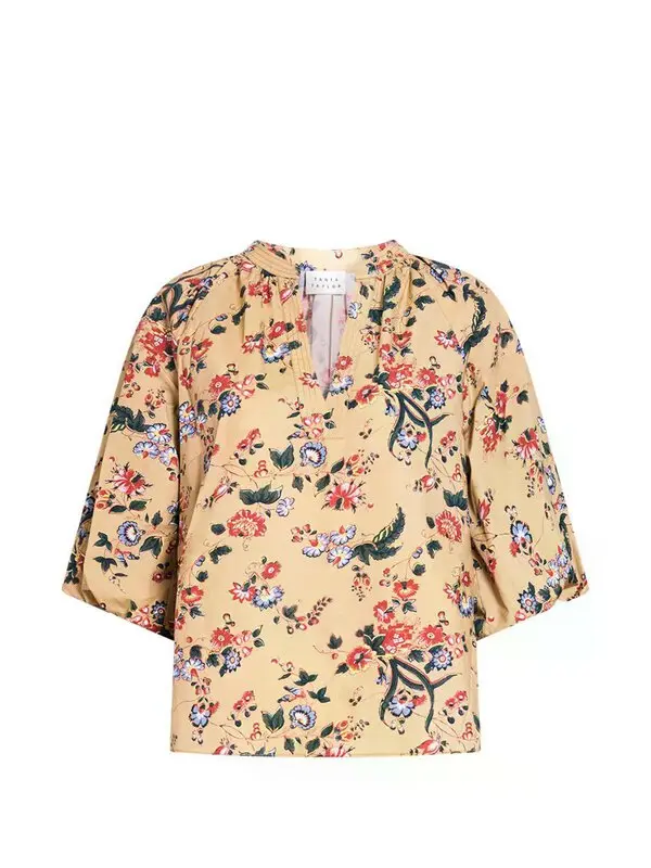 Tanya Taylor Floral Print Puff Sleeve Top - Neutrals