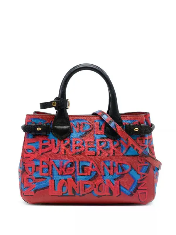 Burberry 2000-2017 Small Graffiti Print Grainy Calfskin Banner Satchel - Red