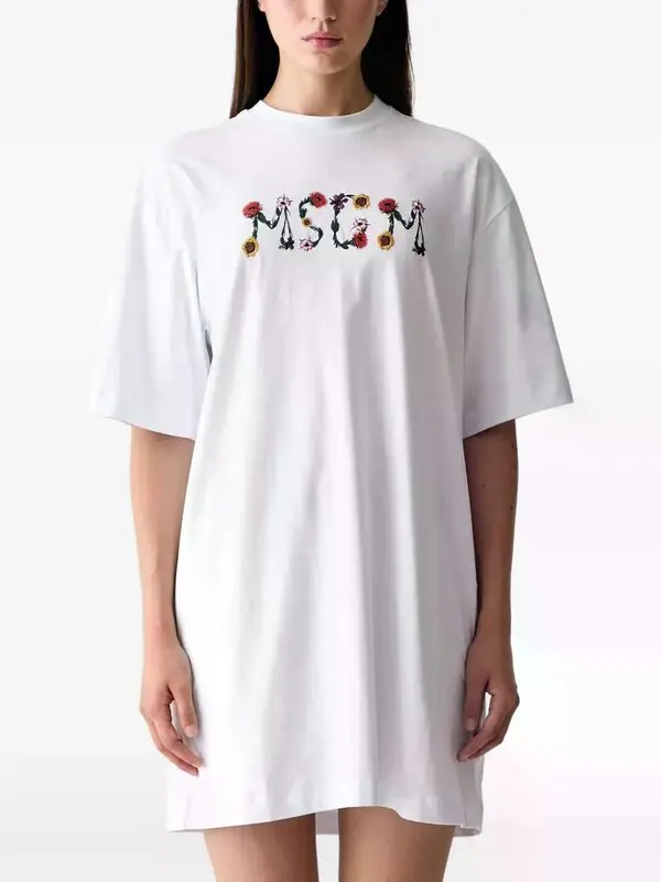 MSGM Floral Embroidered Cotton Mini Dress - White