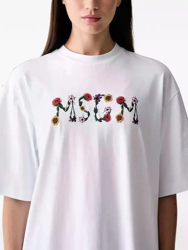 MSGM Floral Embroidered Cotton Mini Dress - White
