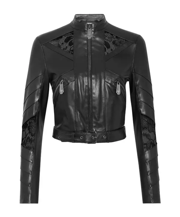 Philipp Plein Leather Cropped Jacket With Lace Embellishments - Black