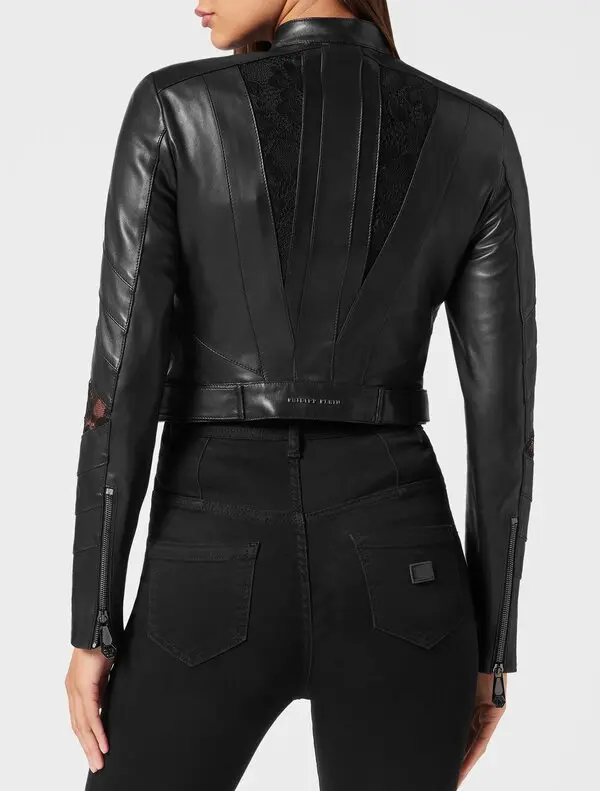 Philipp Plein Leather Cropped Jacket With Lace Embellishments