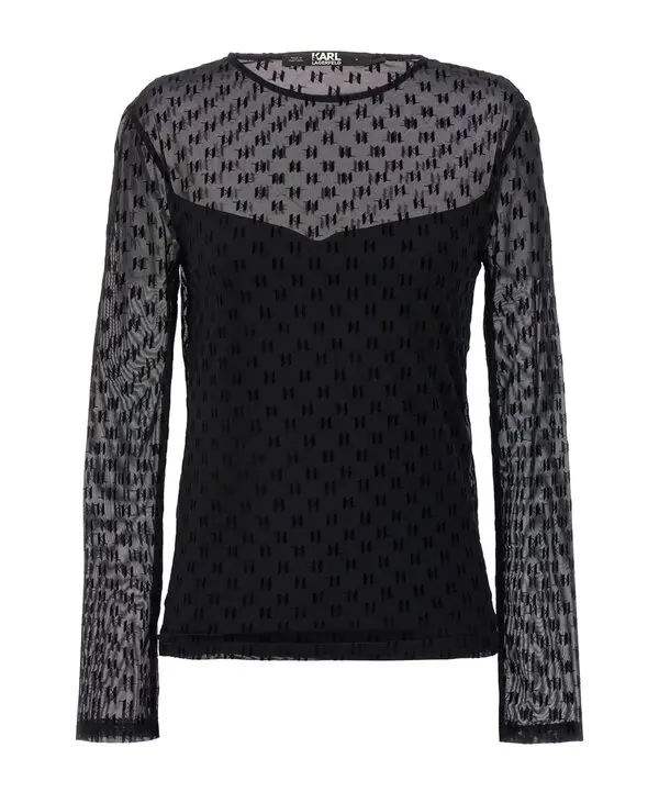 Karl Lagerfeld Long Sleeved Mesh Crewneck Top