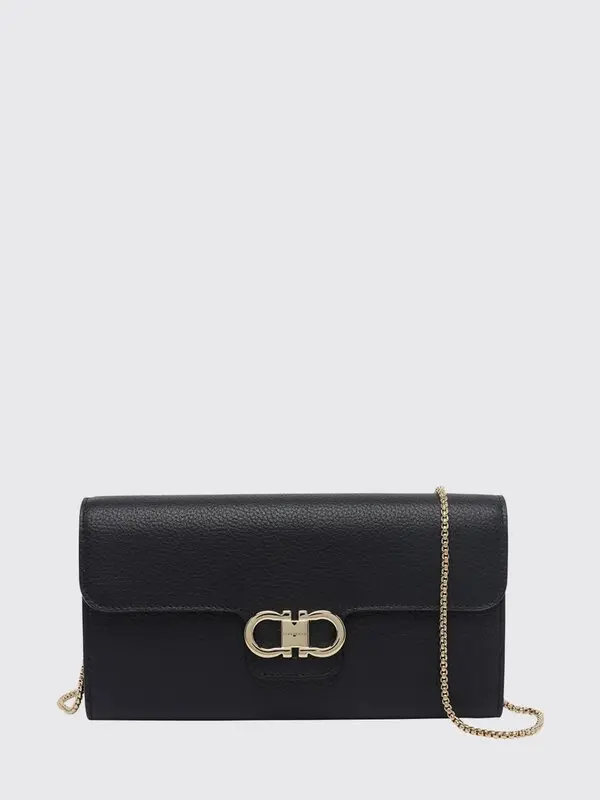 FERRAGAMO Gancini Grained Calf Leather Wallet On Chain With Removable Strap - Black