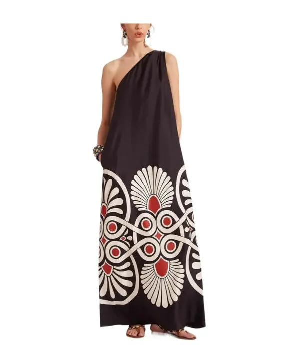 La DoubleJ Roy Geometric-print Silk One-shoulder Maxi Dress - Black