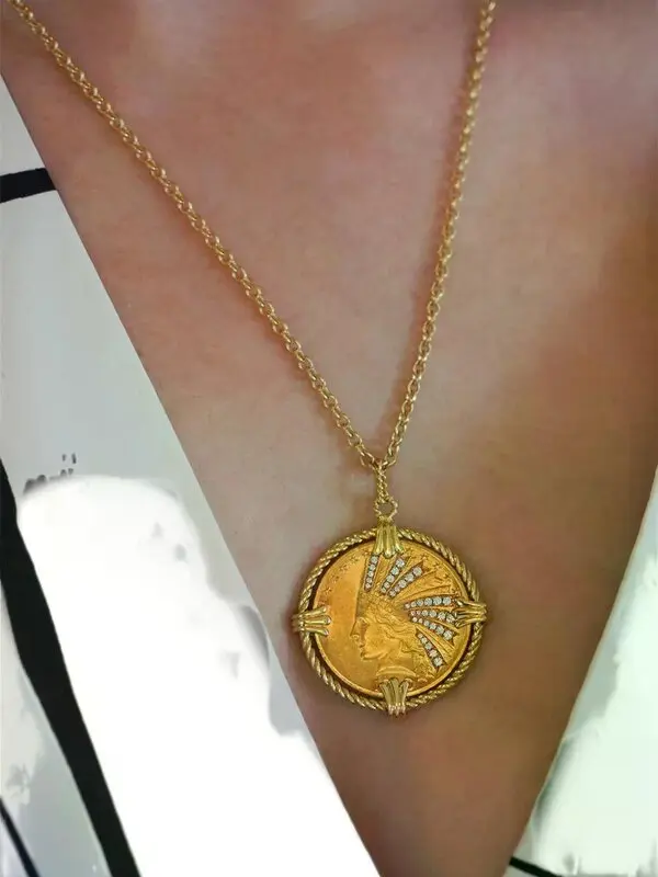 Verdura 18k Yellow Diamond Indian Head Coin Pendant Necklace