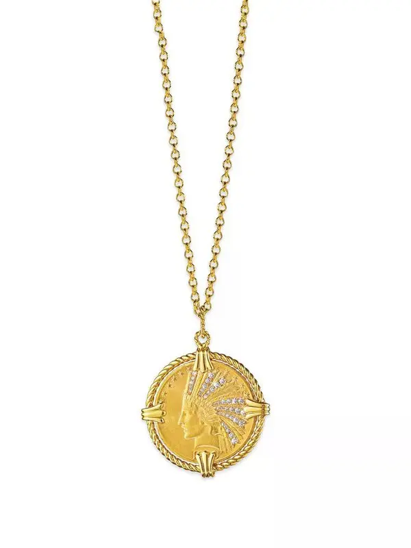 Verdura 18k Yellow Diamond Indian Head Coin Pendant Necklace - Gold