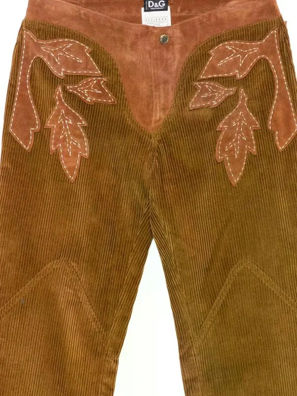 Dolce & Gabbana 2000s Leaf Appliqué Corduroy Flared Trousers