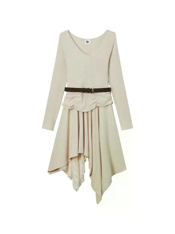 B+AB Midi Ribbed-knit Handkerchief-hem Dress - Neutrals