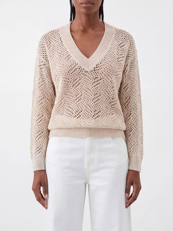 Brunello Cucinelli V-neck Sequined Pullover - Ivory