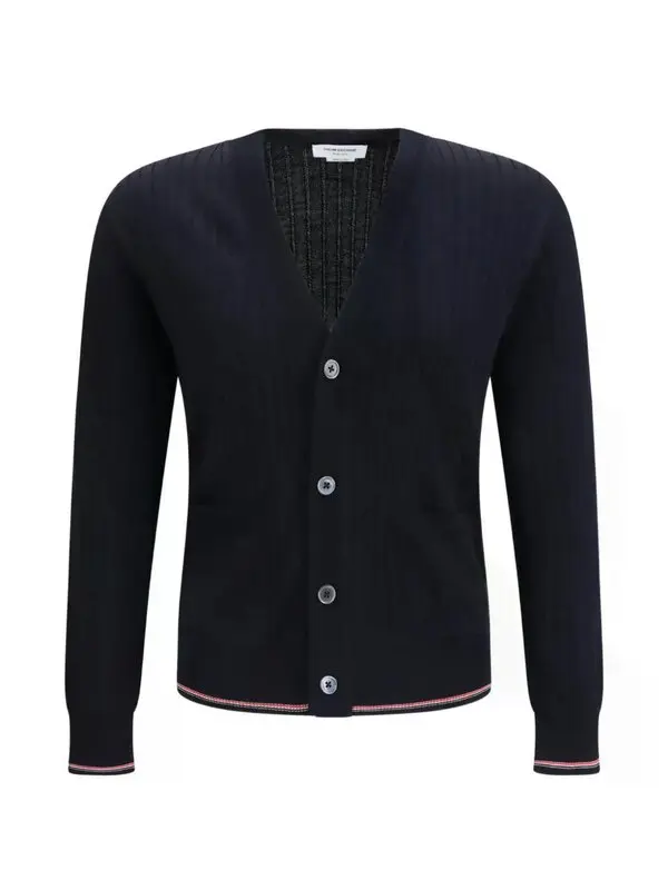 Thom Browne Rib-stitch V-neck Wool Cardigan - Blue