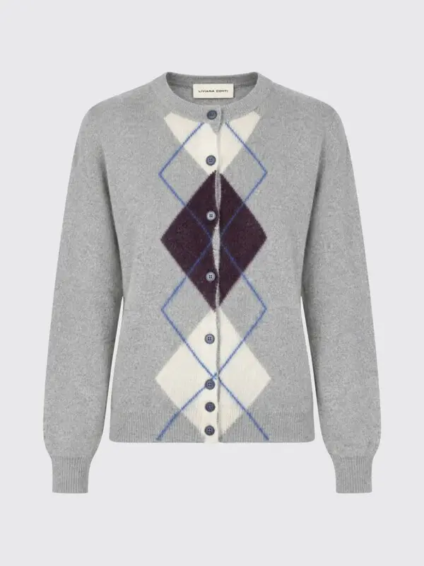 Liviana Conti Argyle Pattern Wool Blend Crewneck Cardigan - Grey