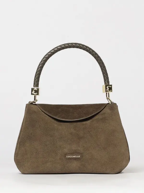 COCCINELLE Tiggy Leather And Suede Shoulder Bag With Woven Handle - Mud