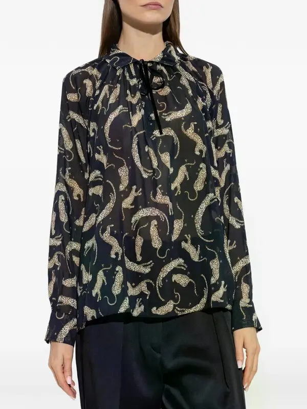 FORTE_FORTE Animal-motif Tie-neck Blouse - Blue