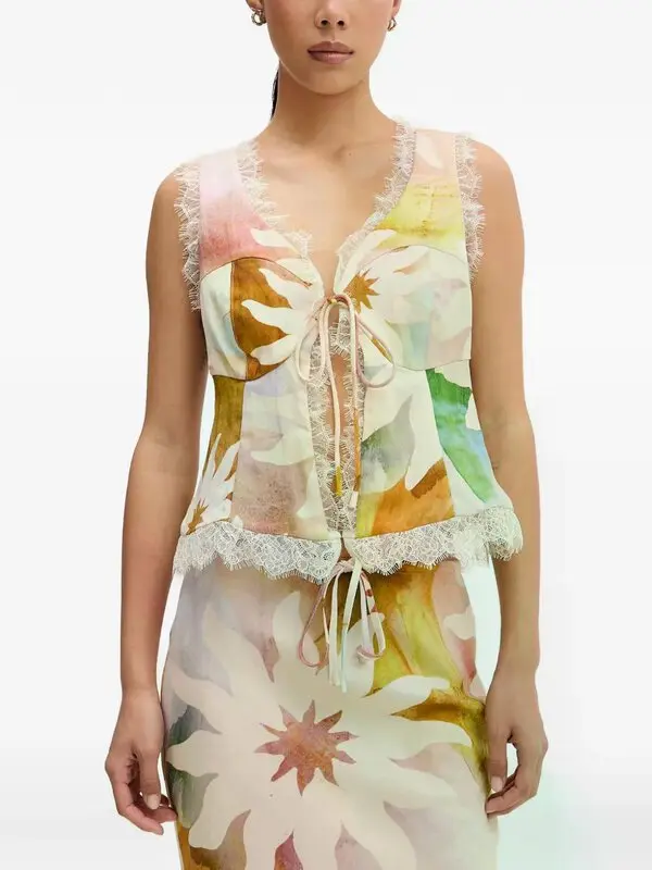 NEVER FULLY DRESSED Lace-trim Floral-print Top - Neutrals