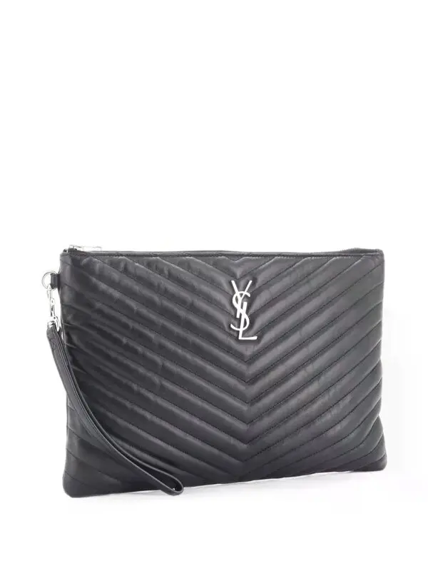 Saint Laurent Matelassé Chevron Leather Wristlet Pouch Clutch Bag - Black