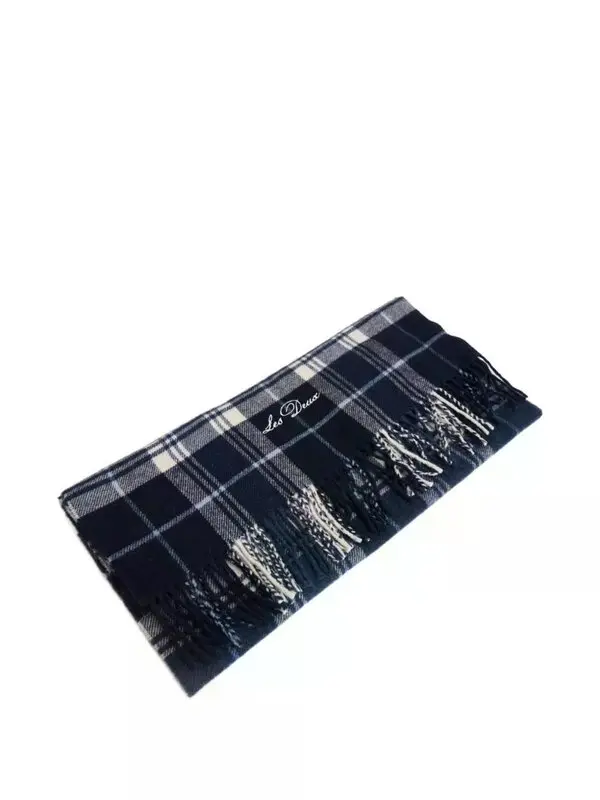 LES DEUX Check-pattern Fringed-detail Scarf - Blue