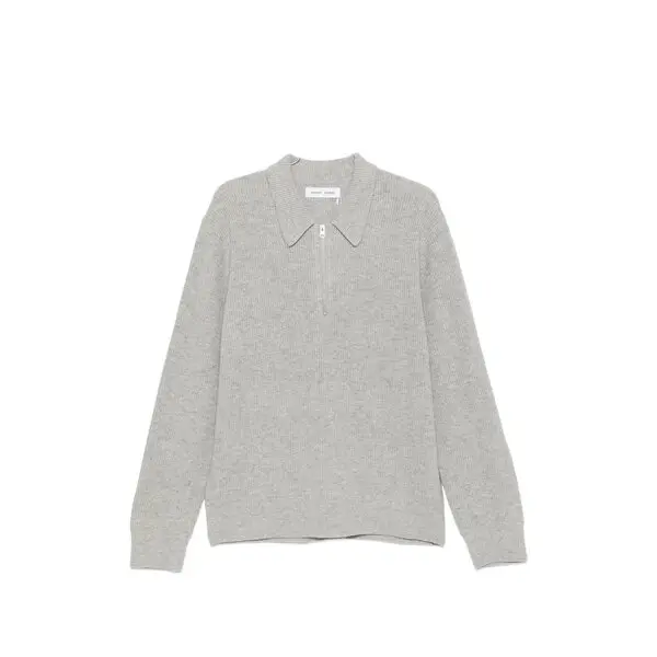 SAMSOE SAMSOE Ribbed-knit Quarter-zip Polo Shirt - Grey