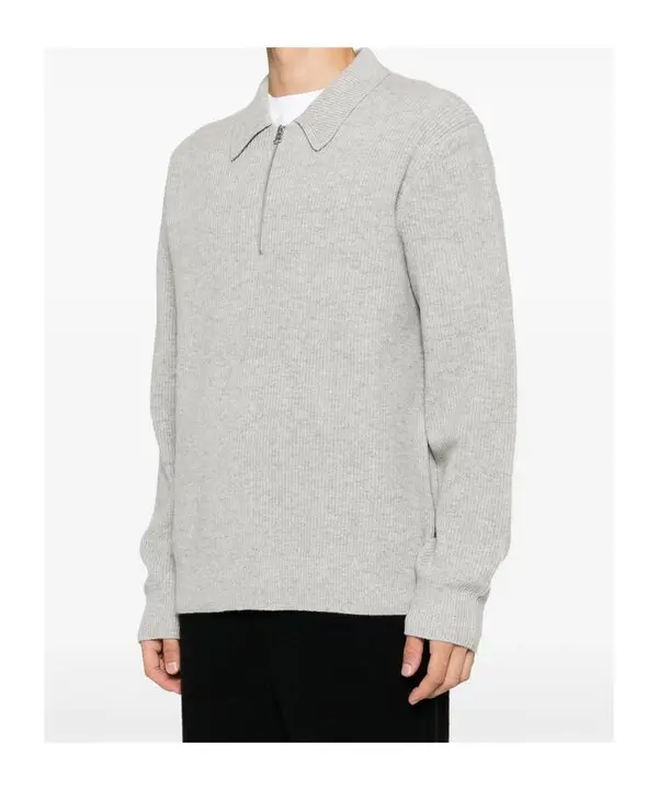 SAMSOE SAMSOE Ribbed-knit Quarter-zip Polo Shirt - Grey