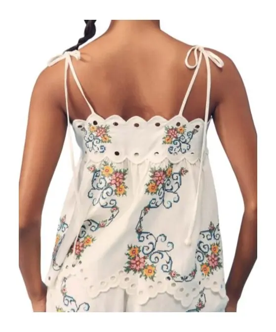 Farm Rio Floral-embroidered Scalloped Top