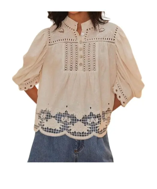 Farm Rio Richelieu Puff Sleeve Blouse - Nude