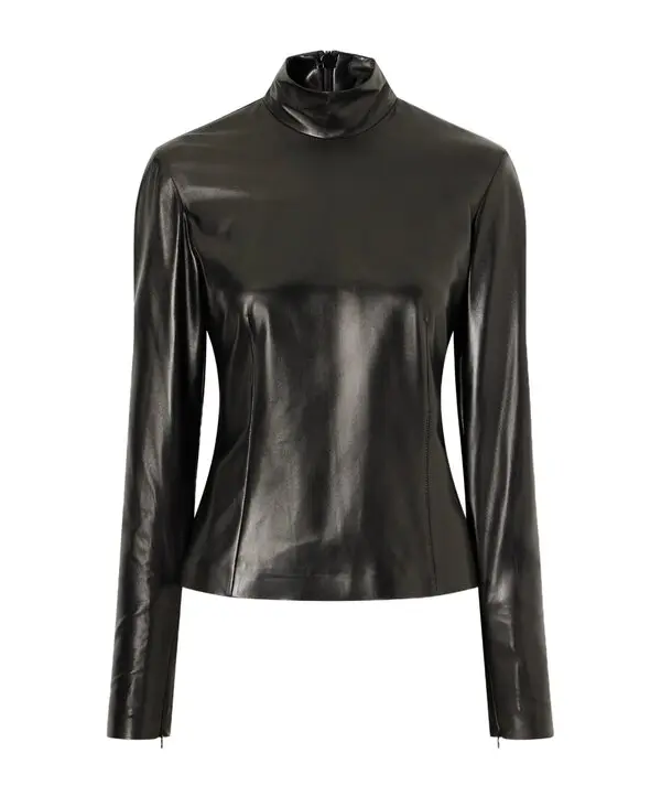 Gucci Soft Nappa Leather Turtleneck Top With Zip Cuffs - Black