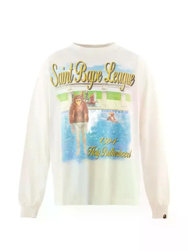 SAINT MXXXXXX X Bape Graphic-print Long-sleeve T-shirt - Neutrals