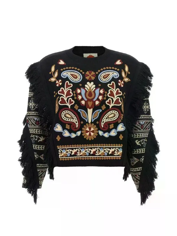 Farm Rio Embroidered Fringed Sweater With Geometric And Paisley Motifs - Black