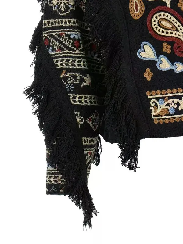 Farm Rio Embroidered Fringed Sweater With Geometric And Paisley Motifs