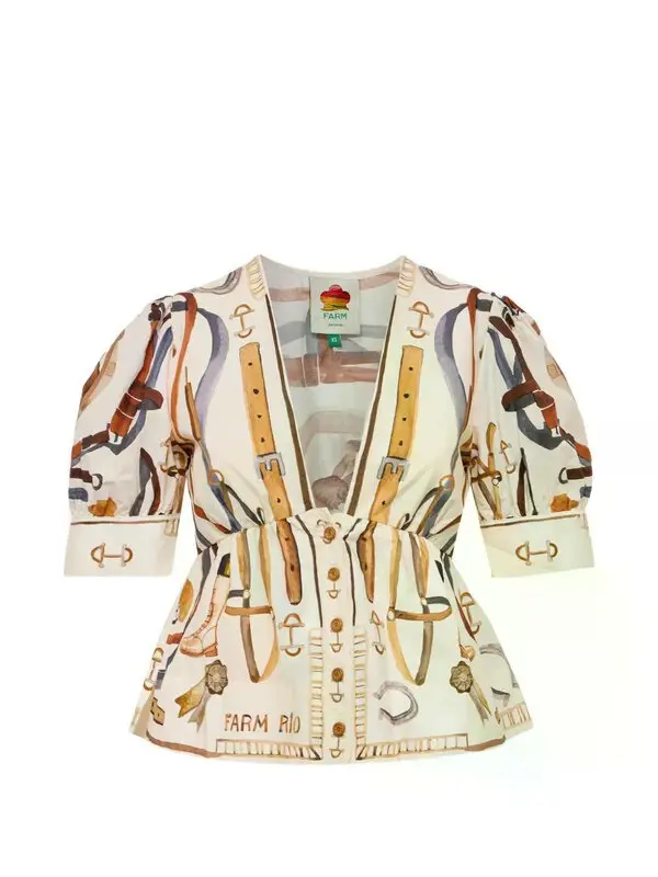 Farm Rio Puff Sleeve V-neck Blouse - Neutrals
