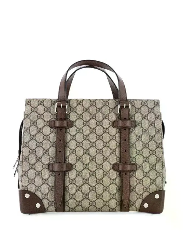 Gucci Buckle Travel Gg Coated Canvas With Leather Medium Tote Bag - Brown