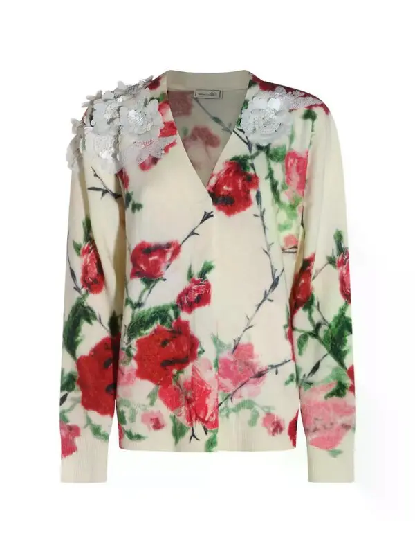 Blumarine Floral Print Sequin Embellished V-neck Sweater - Neutrals