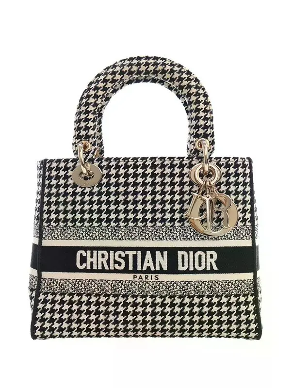 Dior 2021 Medium Embroidered Canvas Houndstooth Lady D Lite Satchel - Black