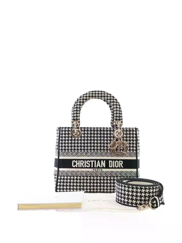 Dior 2021 Medium Embroidered Canvas Houndstooth Lady D Lite Satchel