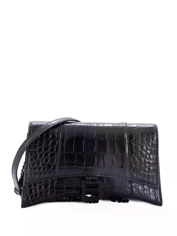 Balenciaga Hourglass Chain Crocodile Embossed Leather Crossbody Bag - Black