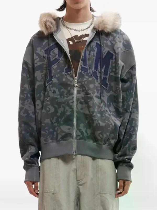 PERKS AND MINI Faux-fur Trim Camouflage-print Hoodie - Grey