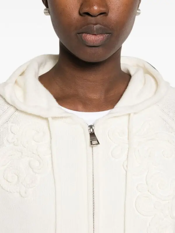Ermanno Scervino Wool And Cashmere Hoodie With Floral Embroidery - White