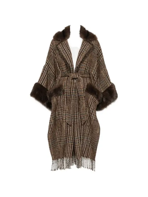 FRONT STREET 8 Cotton Blend Checked Cape With Faux Fur Trim