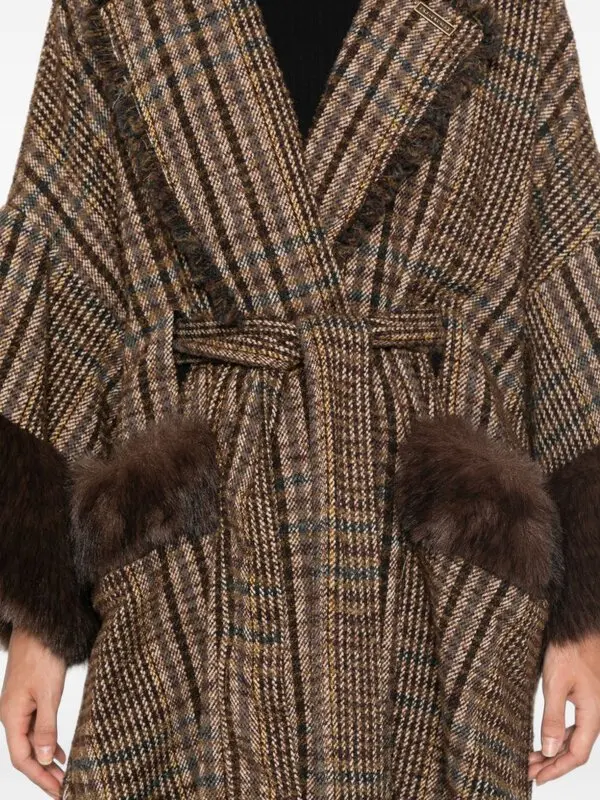 FRONT STREET 8 Cotton Blend Checked Cape With Faux Fur Trim