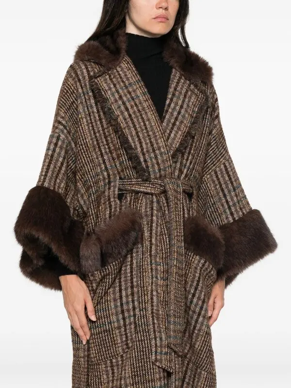 FRONT STREET 8 Cotton Blend Checked Cape With Faux Fur Trim