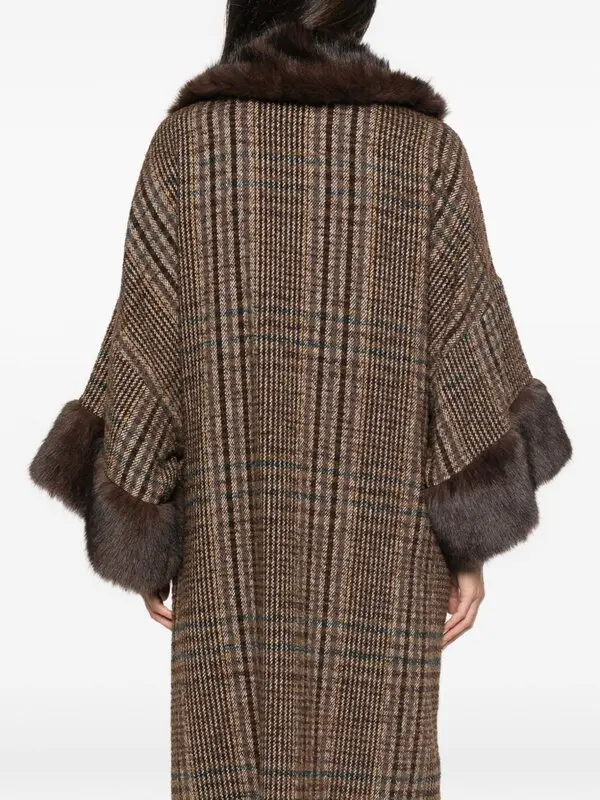 FRONT STREET 8 Cotton Blend Checked Cape With Faux Fur Trim