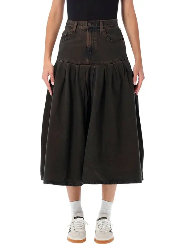 LEVI'S Inspired Western Midi Denim Skirt With Pleated Volume And High-rise Fit - Nero