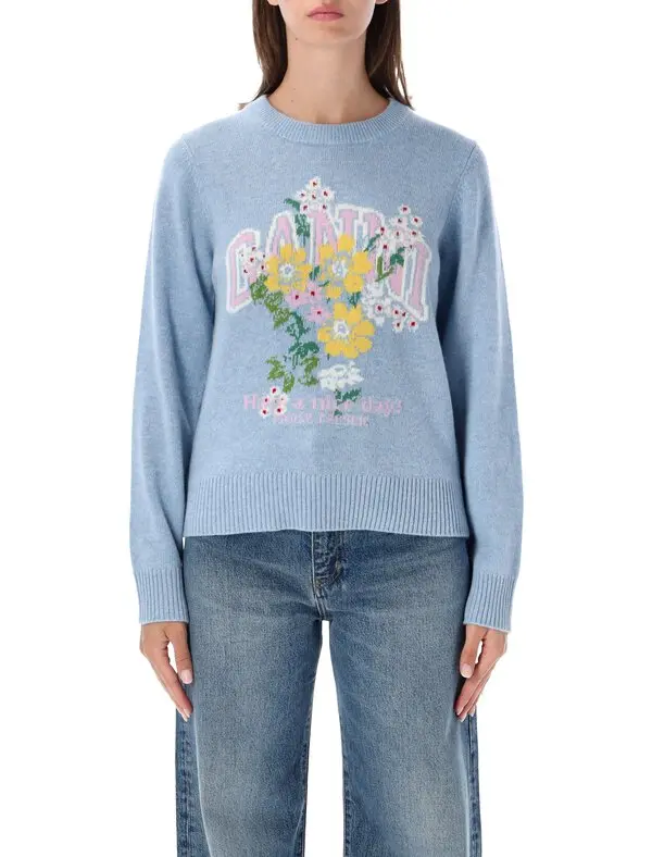 GANNI Floral Graphic Crewneck Sweater - Blue Bonnet
