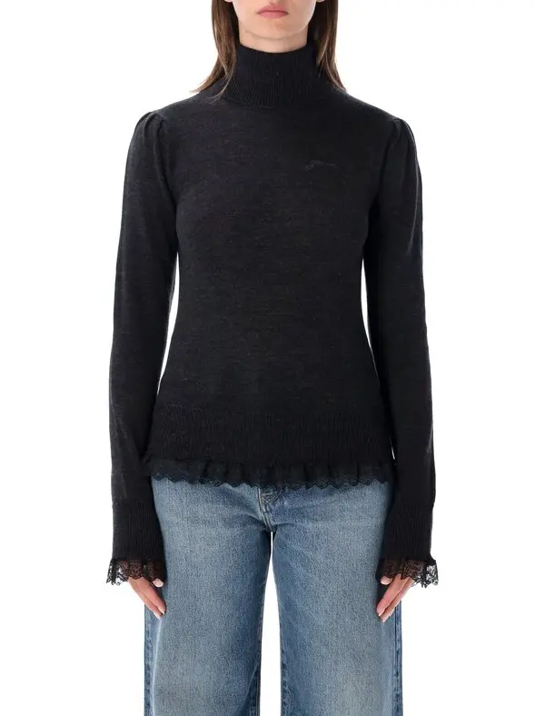 GANNI Lace-trim Turtleneck Sweater - Phantom Black